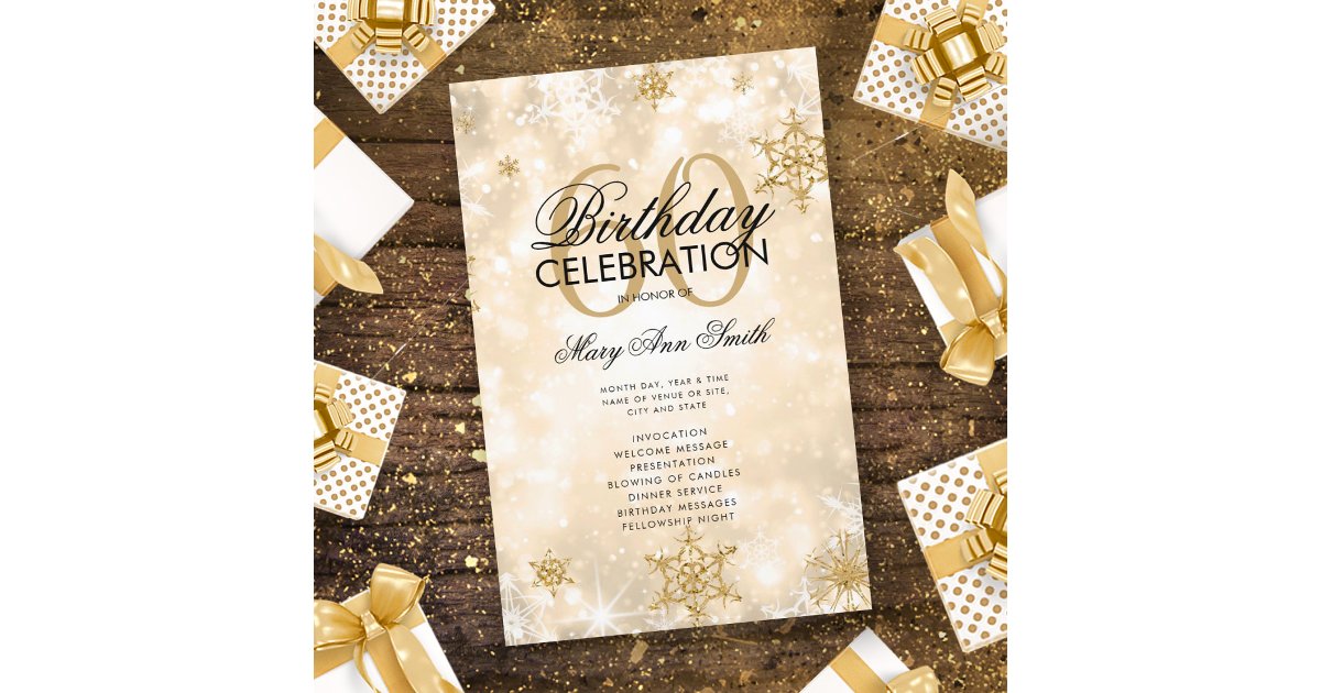 Elegant Winter 60th Birthday Program Gold w/ Menu | Zazzle