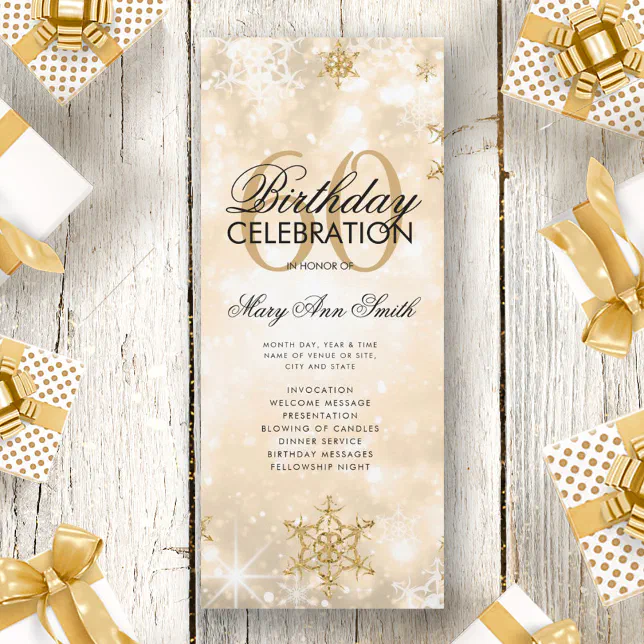 Elegant Winter 60th Birthday Program Gold w/ Menu | Zazzle