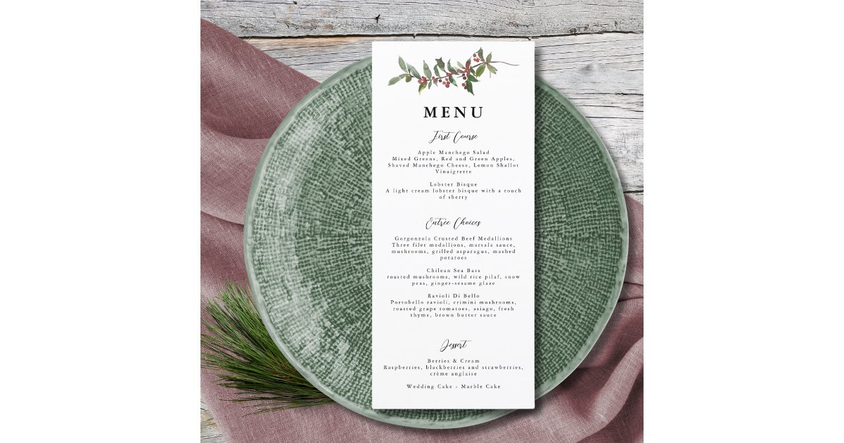 Elegant Winter Berries Red Green Watercolor Menu | Zazzle