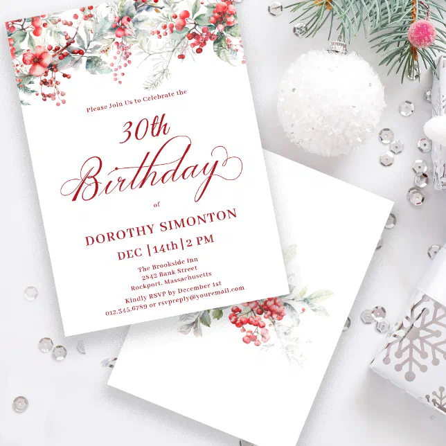 Elegant Winter Berry Botanical 30th Birthday Invitation | Zazzle