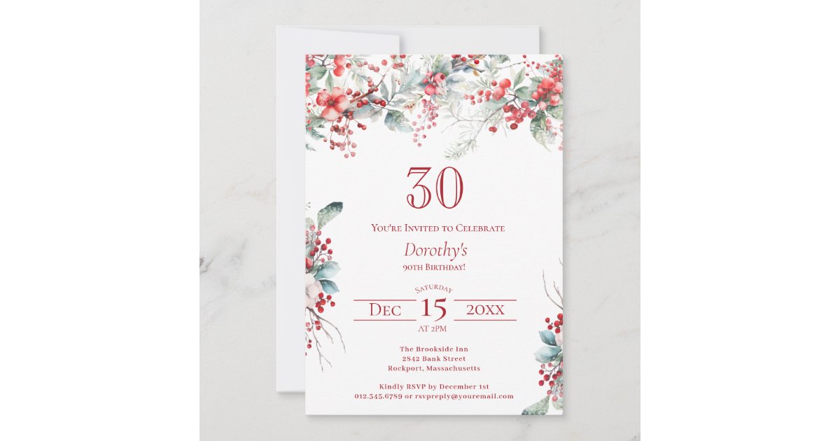 Elegant Winter Berry Botanical 30th Birthday Invitation | Zazzle