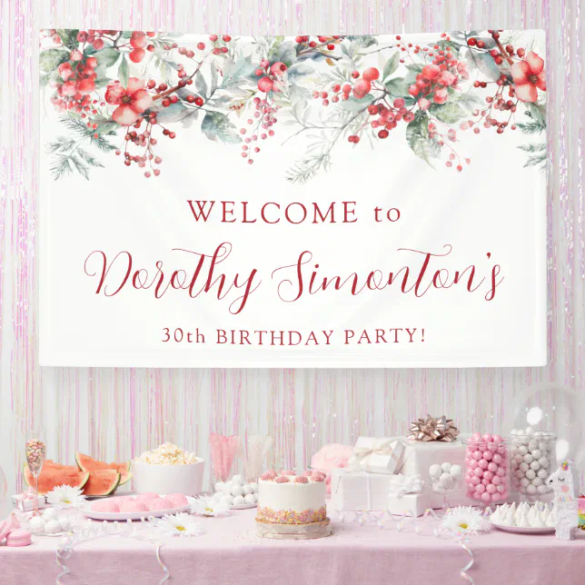 Elegant Winter Berry Botanical 30th Birthday Party Banner | Zazzle