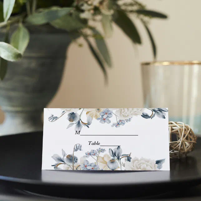 Elegant Winter Blue And White Flowers Place Card | Zazzle