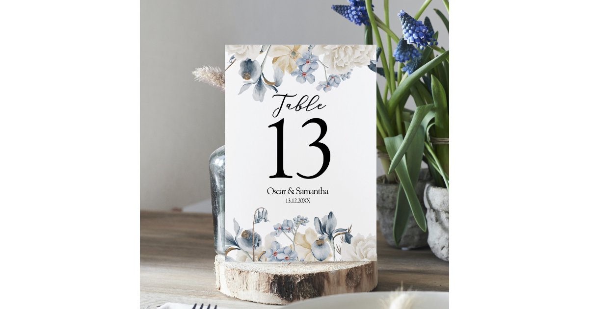 Elegant Winter Blue And White Flowers Table Number | Zazzle