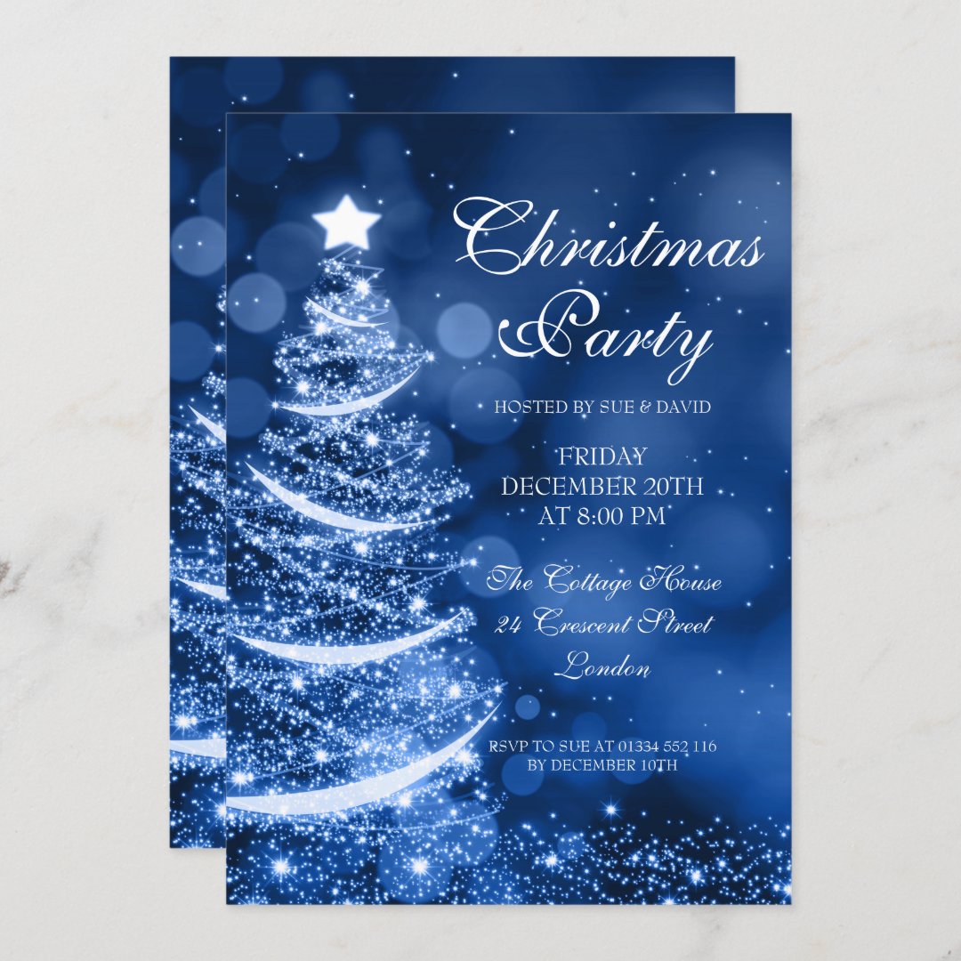 Elegant Winter Blue Christmas Party Sparkle Invitation | Zazzle