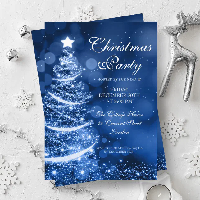 Elegant Winter Blue Christmas Party Sparkle Invitation | Zazzle