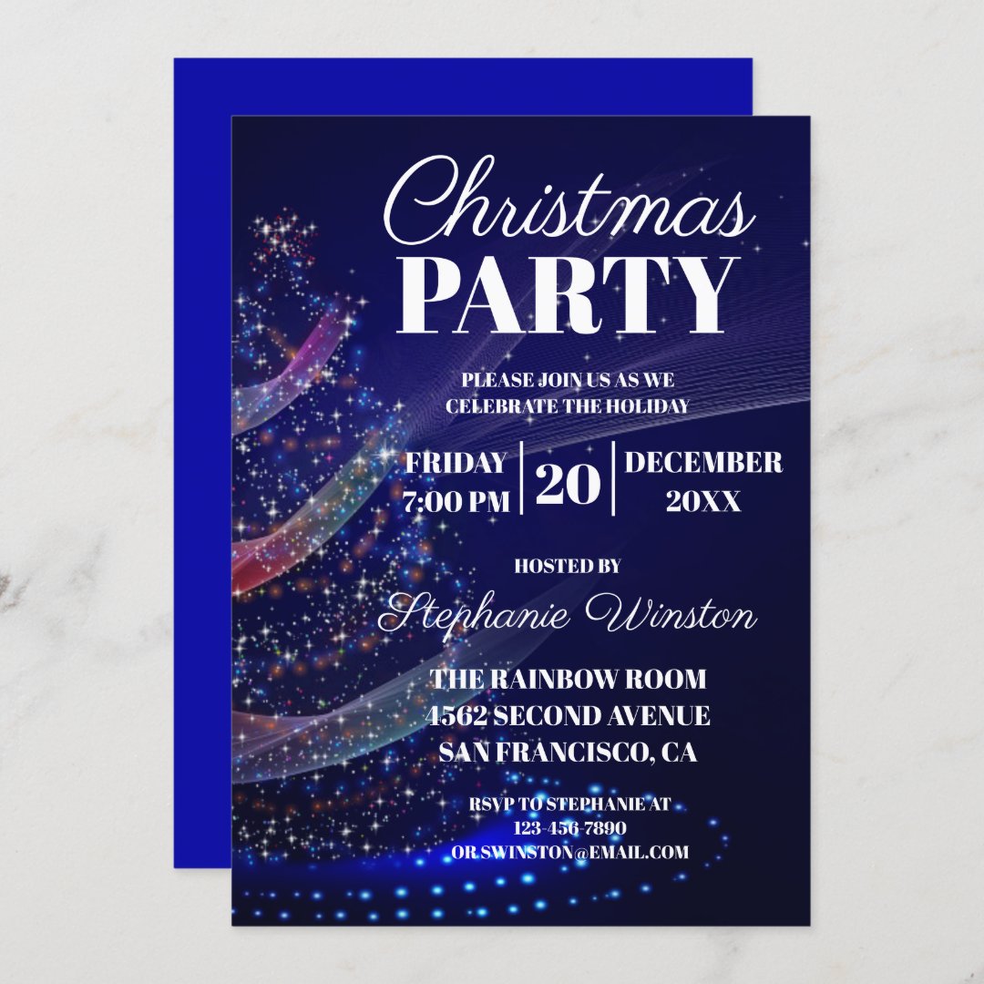 Elegant Winter Blue Christmas Tree Lights Invitation | Zazzle