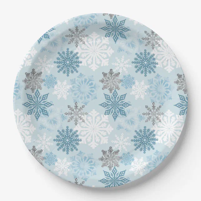 Elegant Winter Blue Silver Glitter Snowflakes Paper Plates | Zazzle