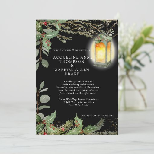 Elegant Winter Christmas Lantern Black Wedding Invitation | Zazzle