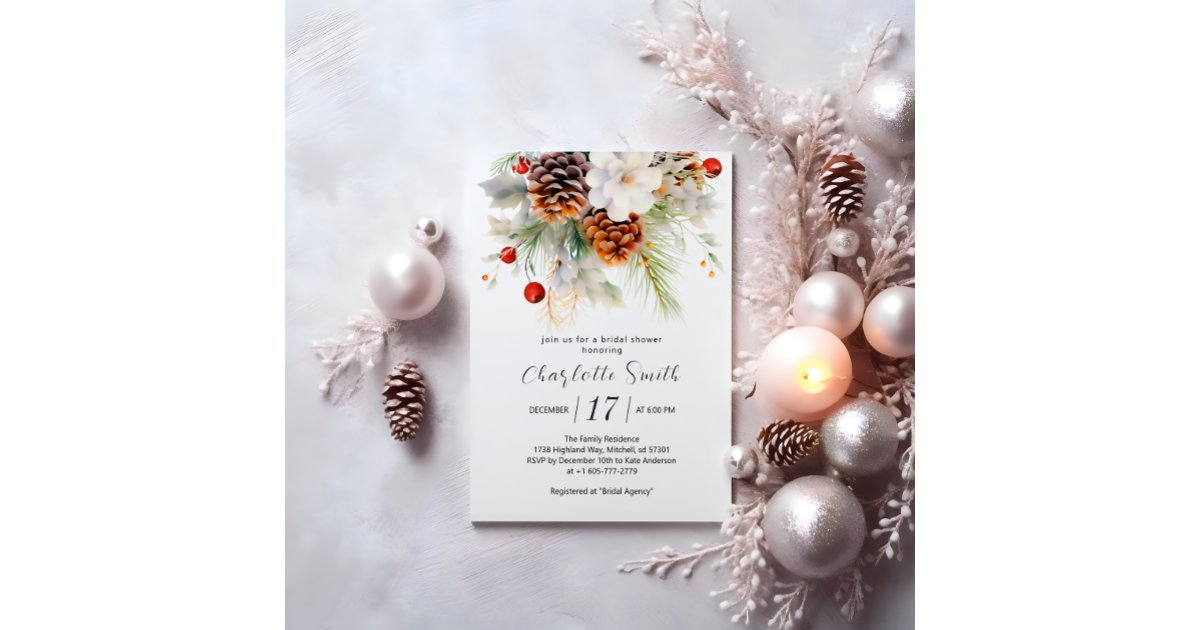 Elegant Winter Evergreen & Rowan Bridal Shower Invitation | Zazzle