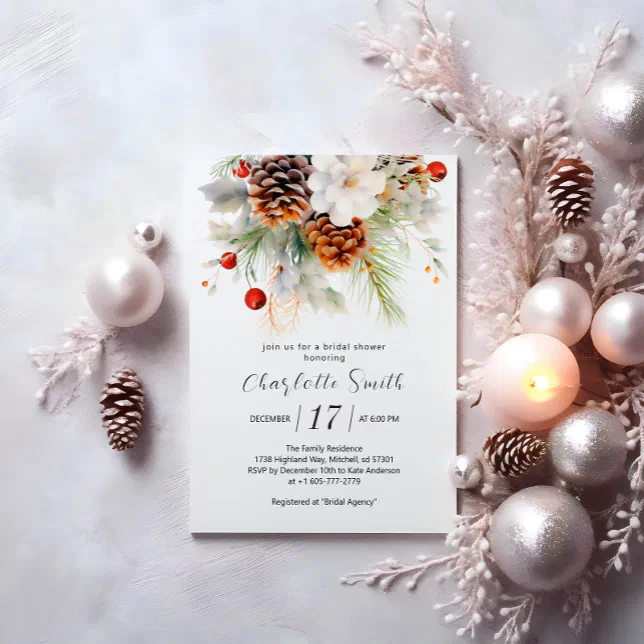 Elegant Winter Evergreen & Rowan Bridal Shower Invitation | Zazzle