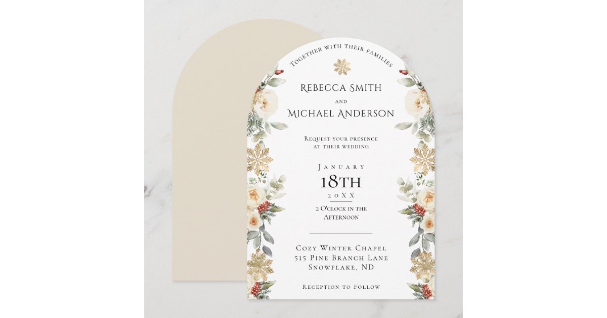 Elegant Winter Floral Arch Shaped Wedding Invitation | Zazzle