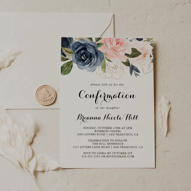 Elegant Winter Floral Calligraphy Confirmation Invitation | Zazzle