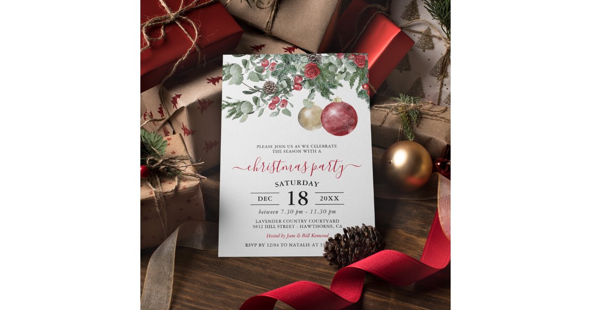 Elegant Winter Floral Christmas Party Invitation | Zazzle