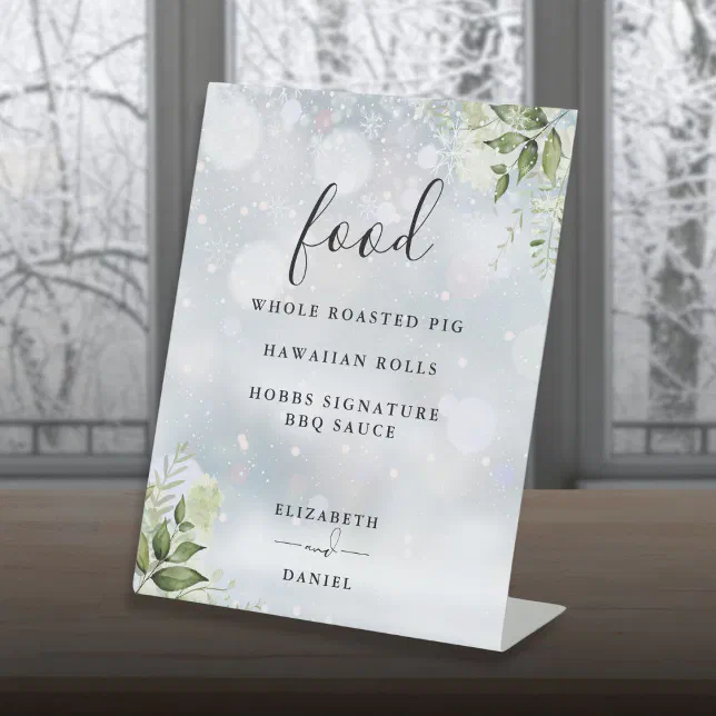 Elegant Winter Floral Greenery Food Menu Pedestal Sign | Zazzle