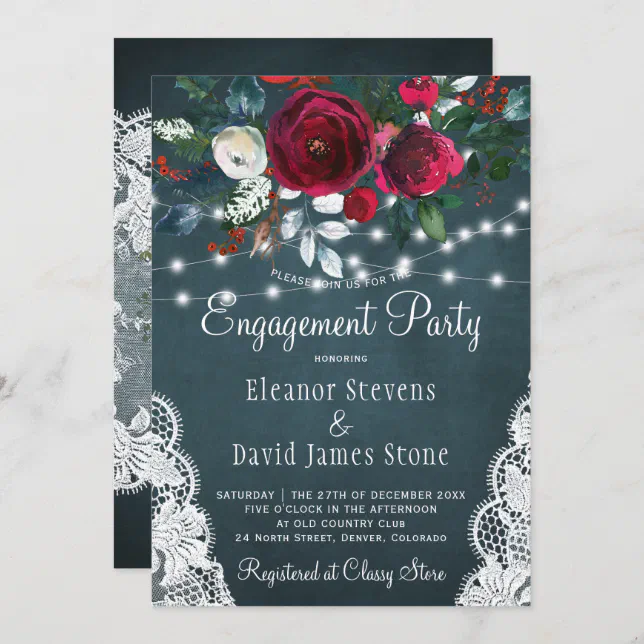 Elegant winter floral rustic engagement party invitation | Zazzle