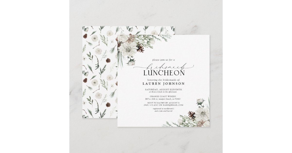Elegant Winter Floral Watercolor Bridal Luncheon Invitation | Zazzle