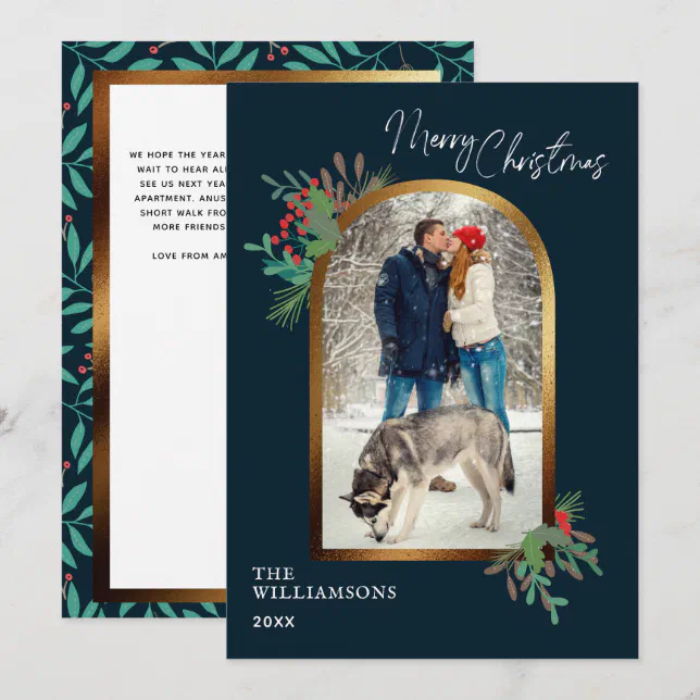 Elegant Winter Foliage Custom Arch Photo Christmas Holiday Card | Zazzle