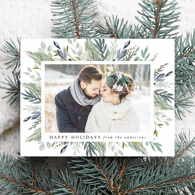 Elegant Winter Foliage Frame | Holiday Photo Postcard | Zazzle