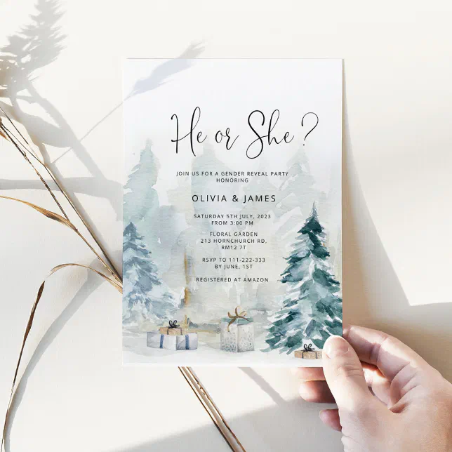 Elegant Winter forest gender reveal He or She Invitation | Zazzle