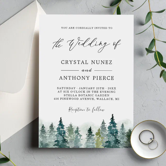 Elegant Winter Forest Pine Trees Wedding Invitation | Zazzle