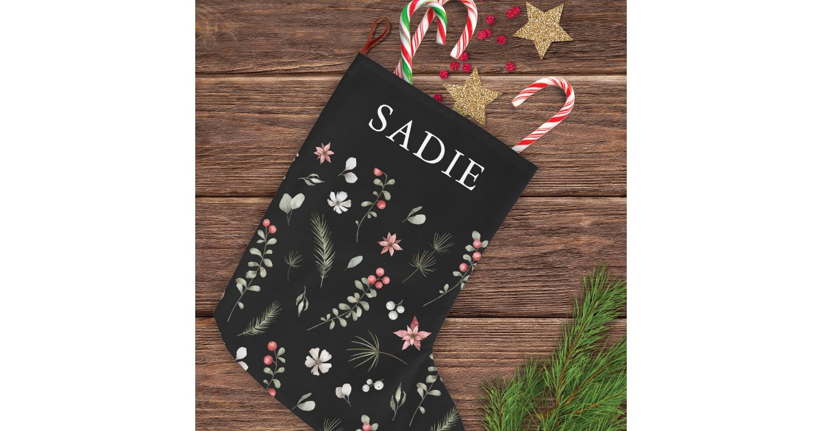 Elegant Winter Greenery Botanical Black Large Christmas Stocking | Zazzle