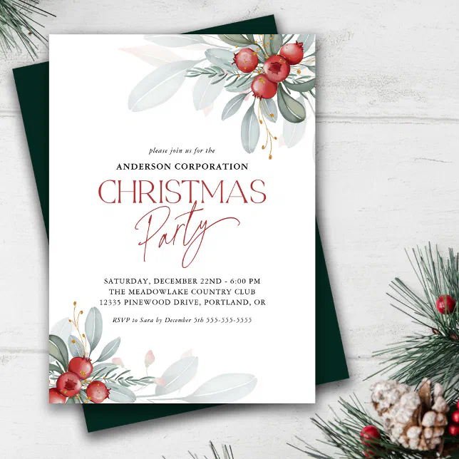 Elegant Winter Greenery Office Christmas Party Invitation | Zazzle