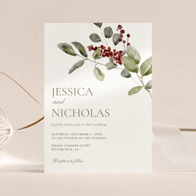 Elegant Winter Holly Branch Wedding Invitation | Zazzle