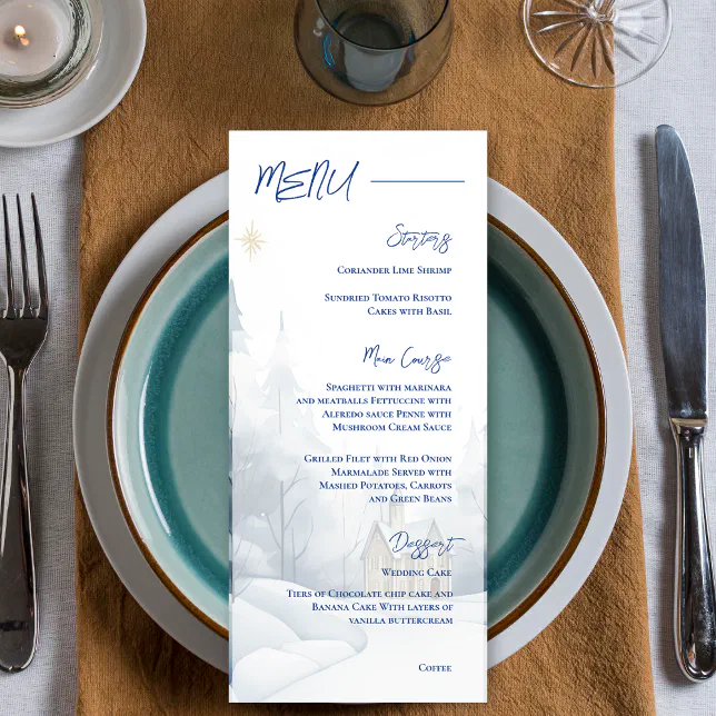 Elegant Winter Landscape Snowy Wedding Party Menu | Zazzle