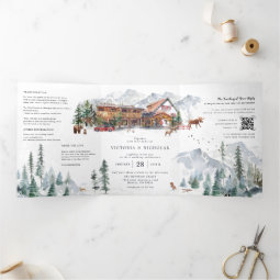 Elegant Winter Mountain Ski Chalet Wedding Tri-Fold Invitation | Zazzle