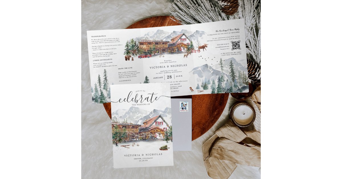 Elegant Winter Mountain Ski Chalet Wedding Tri-Fold Invitation | Zazzle