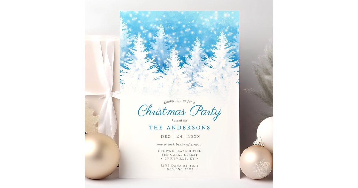Elegant Winter Pine Trees in Snow Christmas Party Invitation | Zazzle