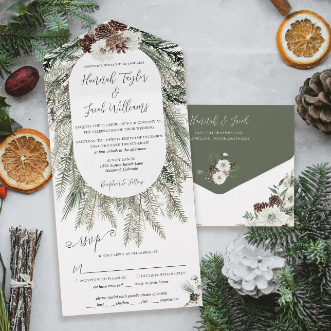 Elegant Winter Pine Wedding with RSVP All In One Invitation | Zazzle
