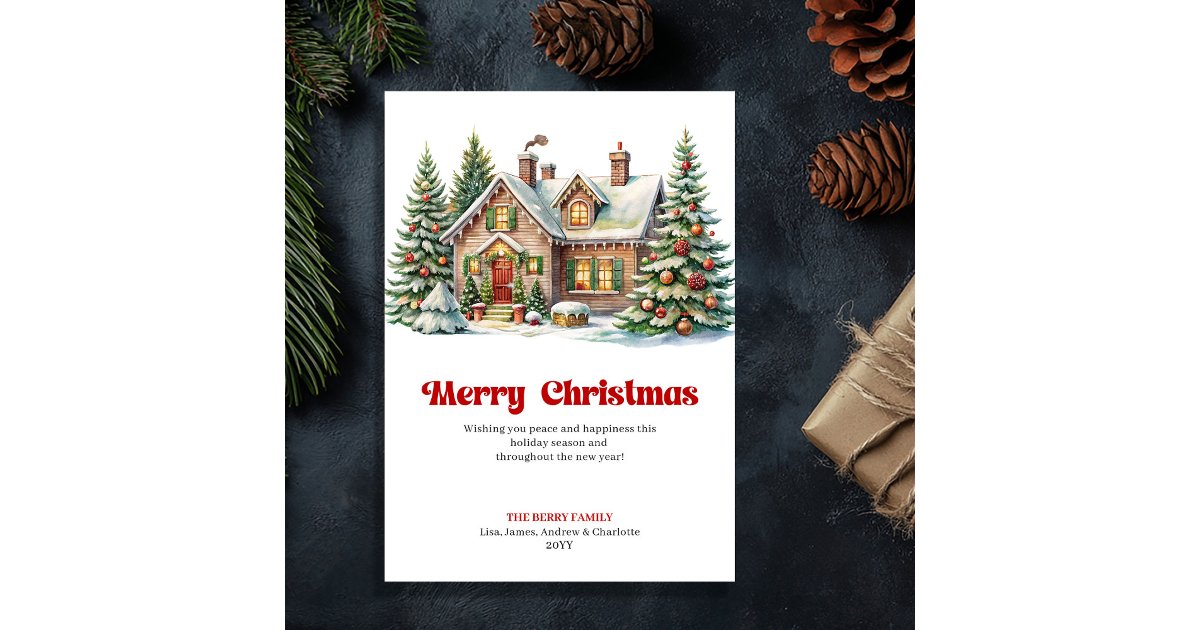 Elegant winter scene sweet Christmas house card | Zazzle