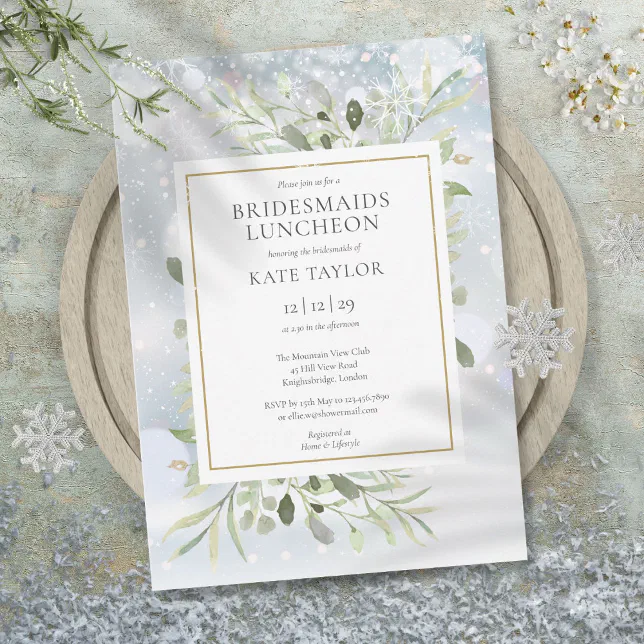 Elegant Winter Snow Greenery Bridesmaids Luncheon Invitation | Zazzle