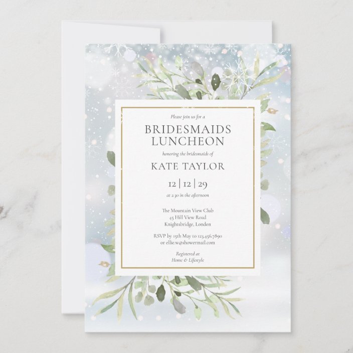 Elegant Winter Snow Greenery Bridesmaids Luncheon Invitation | Zazzle.com