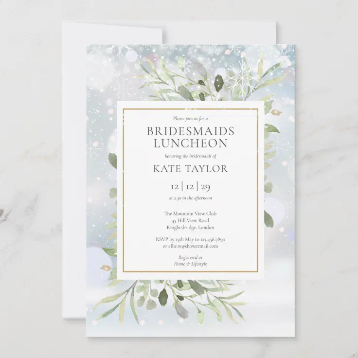 Elegant Winter Snow Greenery Bridesmaids Luncheon Invitation | Zazzle