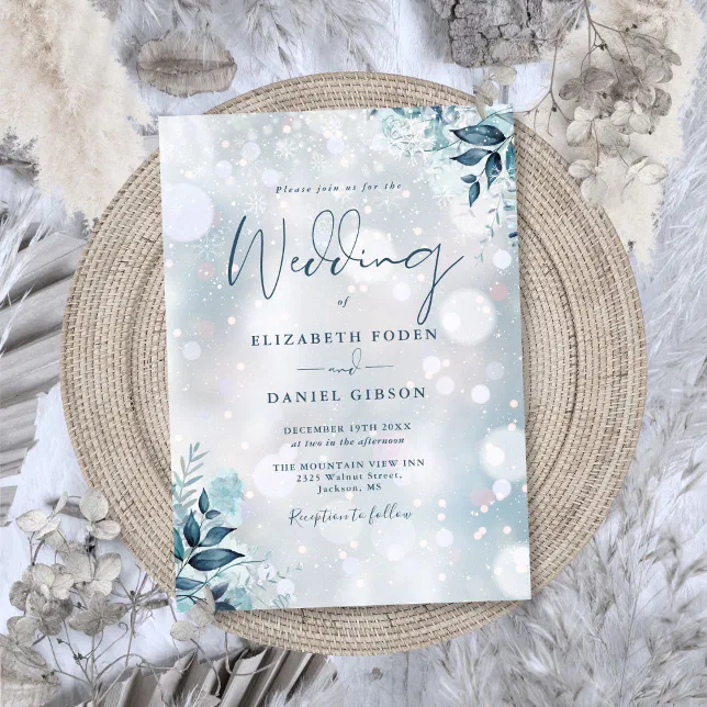 Elegant Winter Snowflakes Floral Wedding Invitation | Zazzle