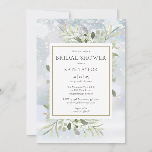 Elegant Winter Snowflakes Greenery Bridal Shower Invitation | Zazzle