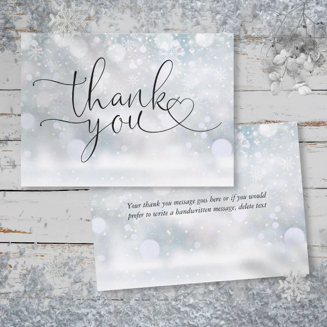 Elegant Winter Snowflakes Heart Script Thank You Card | Zazzle