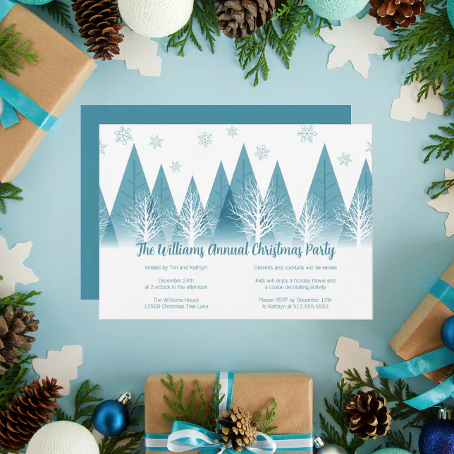 Elegant Winter Trees Custom Blue Christmas Party Invitation | Zazzle