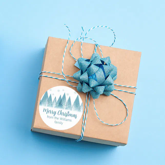 Elegant Winter Trees Custom Blue Merry Christmas Classic Round Sticker ...