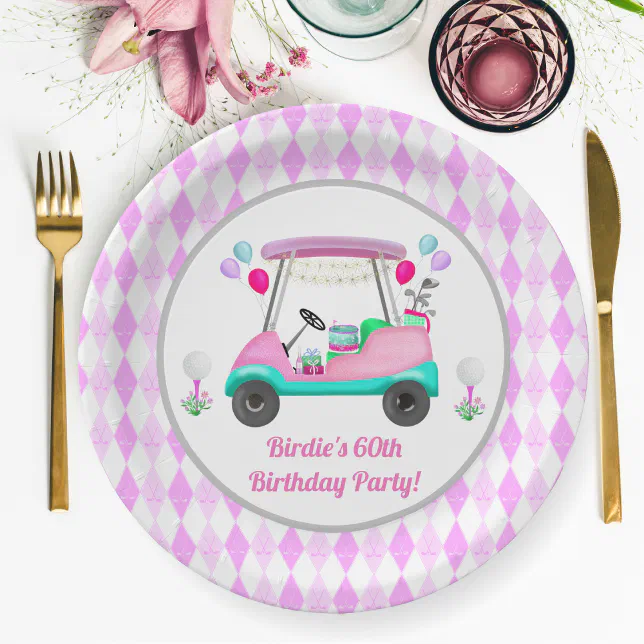 Elegant Women's Golf Party Cart Birthday Paper Plates | Zazzle