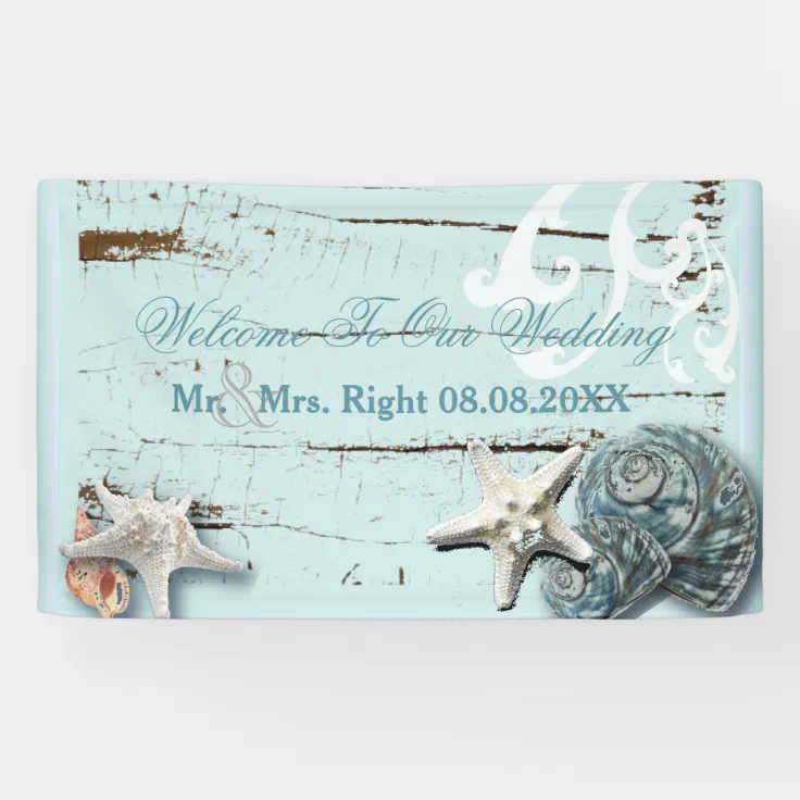 Elegant wood BLue Seashells Beach Wedding Banner | Zazzle