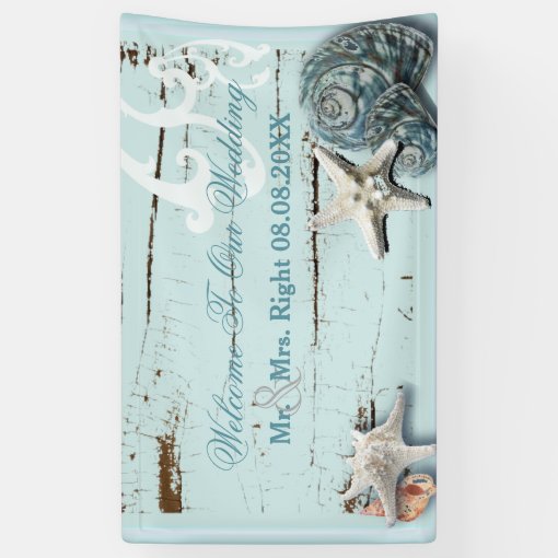 Elegant wood BLue Seashells Beach Wedding Banner | Zazzle