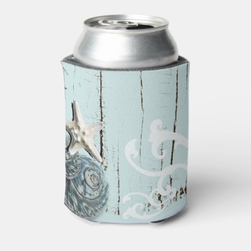Elegant wood BLue Seashells Beach Wedding Can Cooler | Zazzle