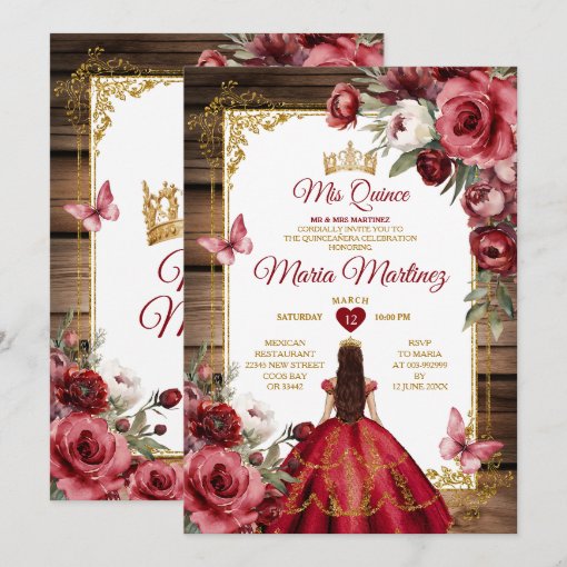 Elegant Wood Burgundy Flowers Princess Mis Quince Invitation | Zazzle