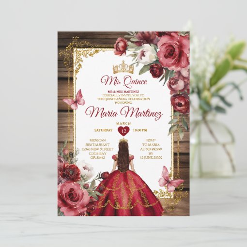 Elegant Wood Burgundy Flowers Princess Mis Quince Invitation | Zazzle