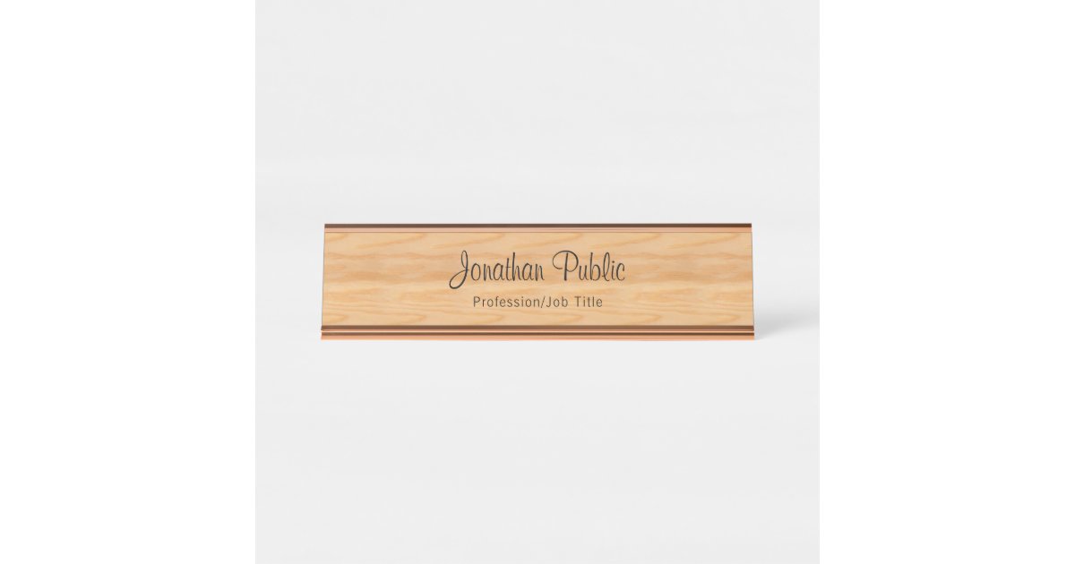 Elegant Wood Look Rose Gold Modern Template Desk Name Plate | Zazzle