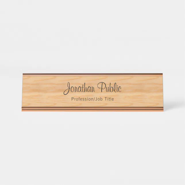 Elegant Wood Look Rose Gold Modern Template Desk Name Plate | Zazzle